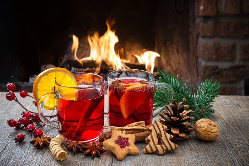 Mulled Wine at Romantic Fireplace Stock Image - Image of grog, seasonal ...