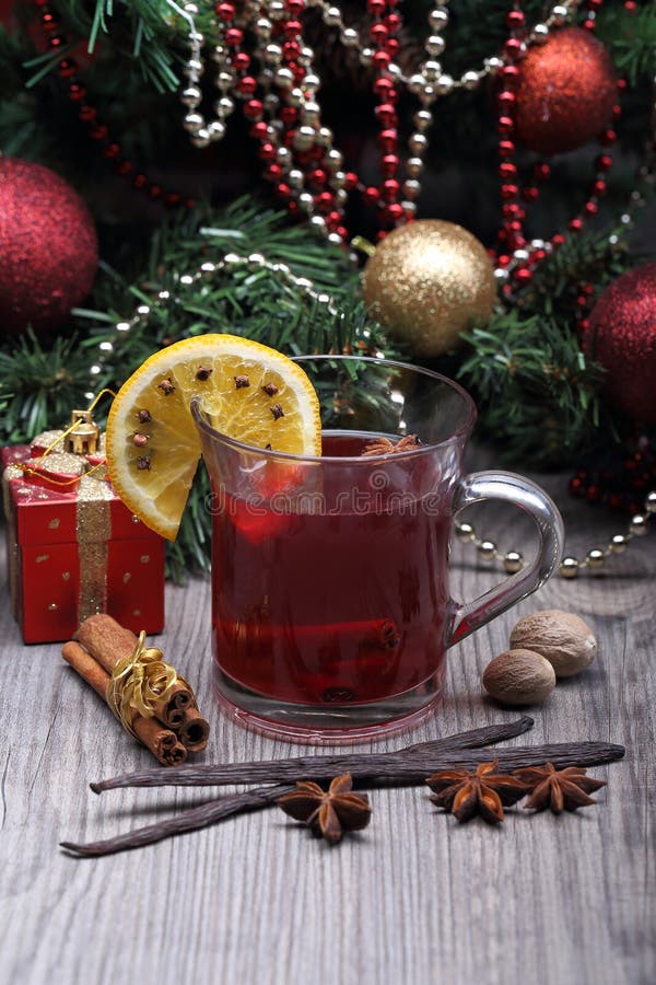 Mulled Wine with Spice and Christmas Tree Stock Photo - Image of ...
