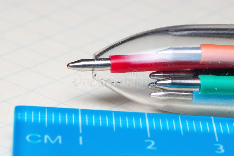 Multi Color Ball Point Pen and Ruler Stock Photo - Image of multicolor ...