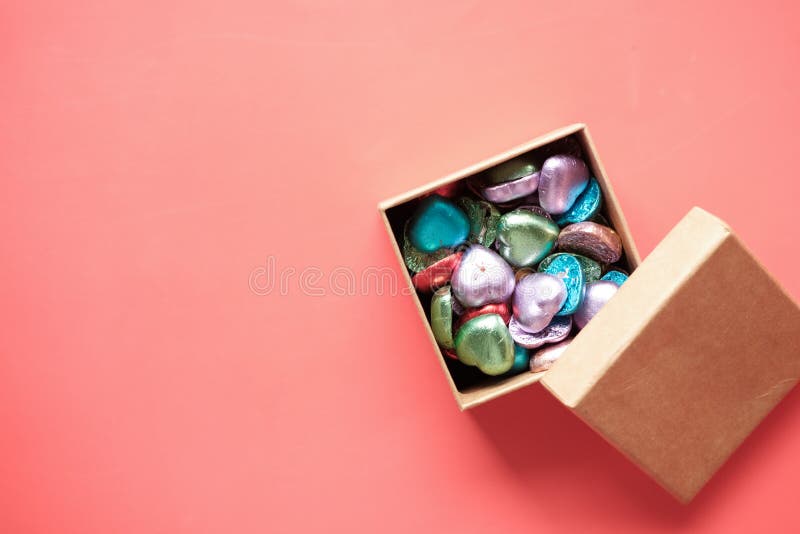 Multi Color Heart Shape Candy in a Box on Red Stock Image - Image of ...