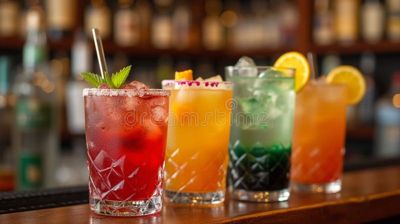 Multi-colored Alcoholic Cocktails with Citrus in Glasses Stock ...