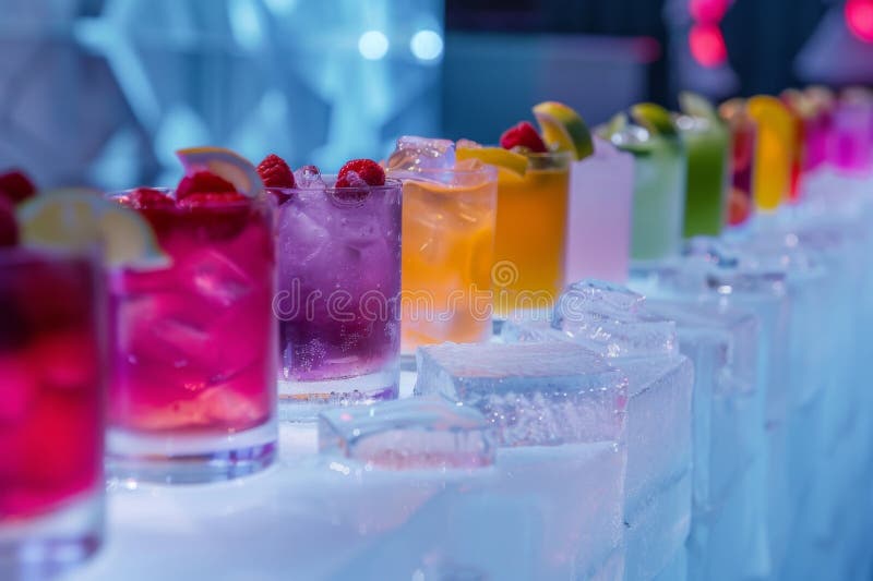 Multi-colored Alcoholic Cocktails with Ice in Shots Stock Illustration ...