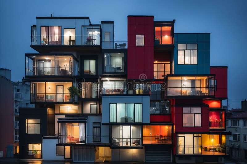 A Multi - Colored Apartment Building at Night Stock Illustration ...