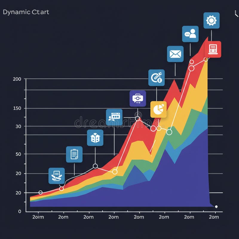 Multi-colored Area Chart with Icons Representing Various Digital and ...