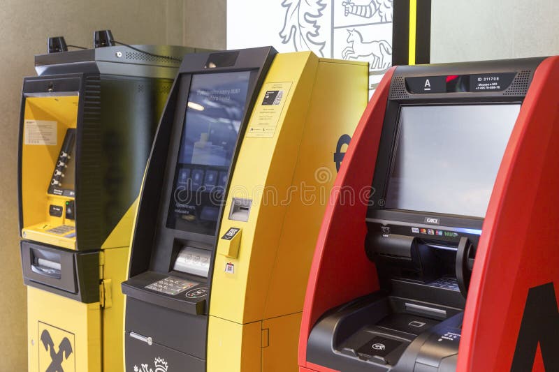 Multi-colored ATMs of Different Banks. Close-up. Side View Editorial ...