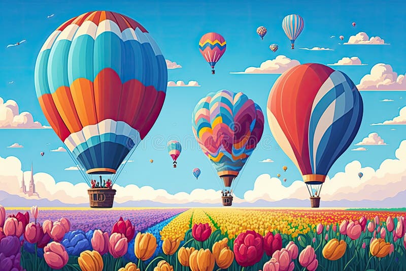 Multi-colored Balloons Fly Over a Field of Blooming Tulips. Generative ...