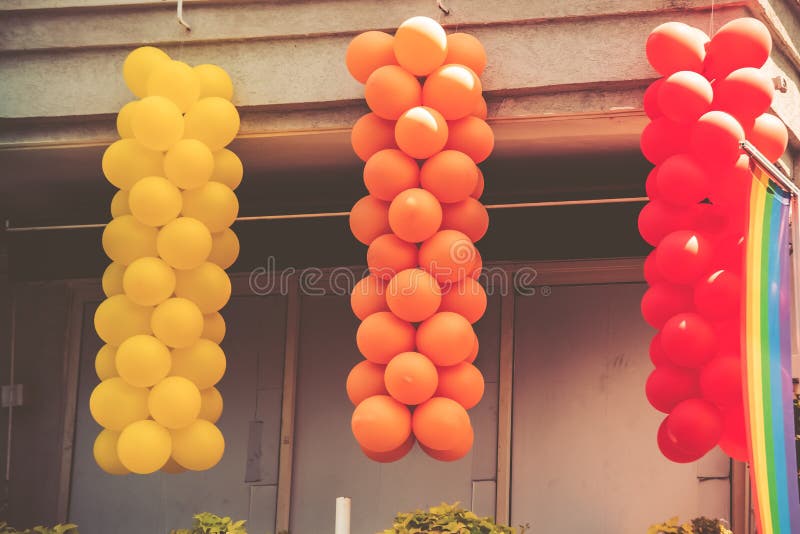 Multi Colored Balloons Hang on the Balcony in Tel Aviv, Israel. Stock ...