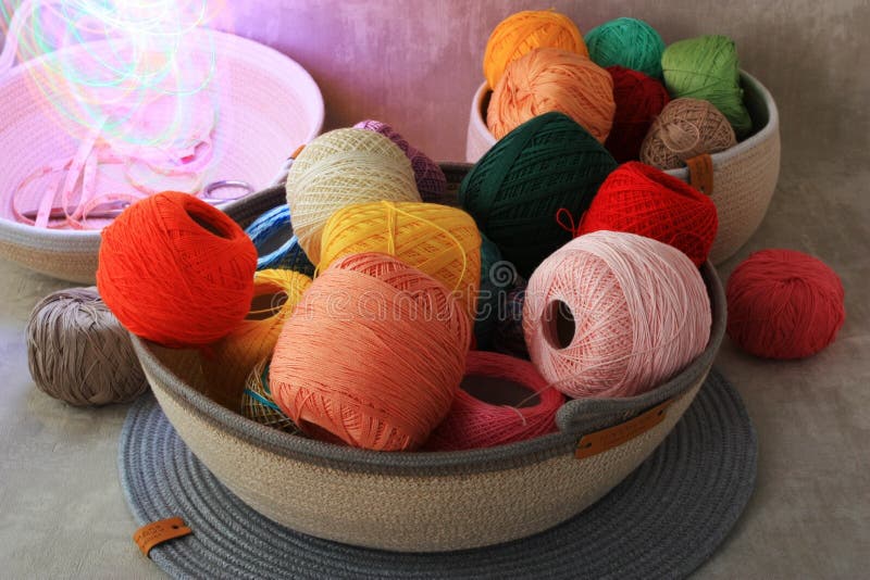 Multi-colored Balls of Thread in a Basket Stock Photo - Image of string ...