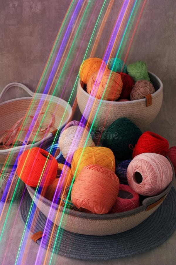 Multi-colored Balls of Thread in a Basket Stock Photo - Image of ...