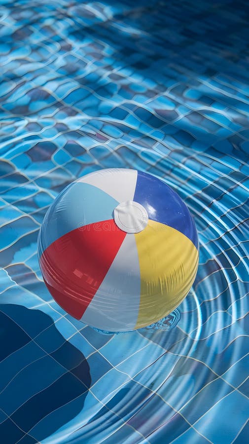Multi Colored Beach Ball Floats on a Shimmering Blue Pool, Sunlight ...