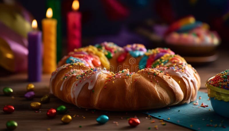 Multi Colored Birthday Cake with Chocolate Icing and Candle Generated ...