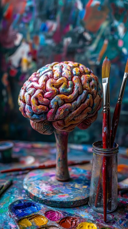 Multi-colored Brain Sculpture in an Abstract Art Studio Setting Stock ...