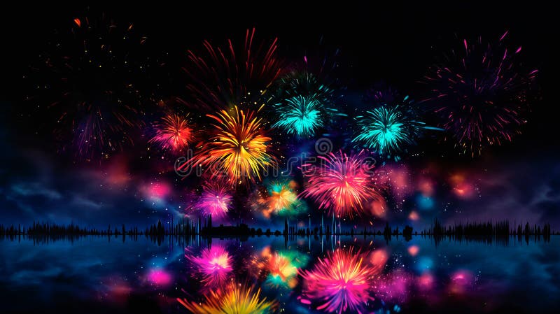 Multi Colored Bright Fireworks in the Dark Night Sky Over the City ...