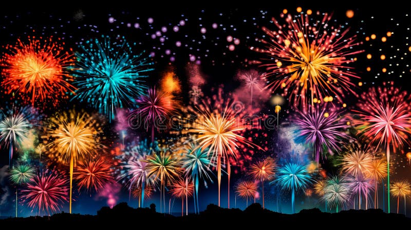 Multi Colored Bright Fireworks in the Dark Night Sky Over the City ...
