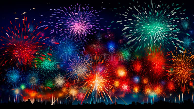 Multi Colored Bright Fireworks in the Dark Night Sky Over the City ...