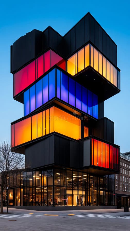 A Multi-colored Building on the Corner of a City Street Stock Image ...