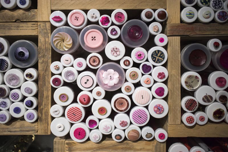 Multi-colored Buttons in the Wooden Boxes for Sale in a Store Stock ...