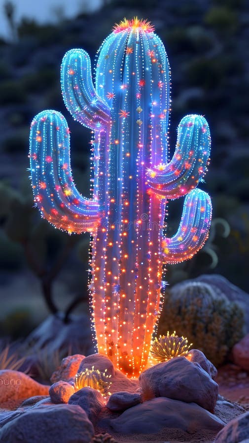 Multi-colored Cactus with Neon Bright Heads. Neon Cactus on Dark ...