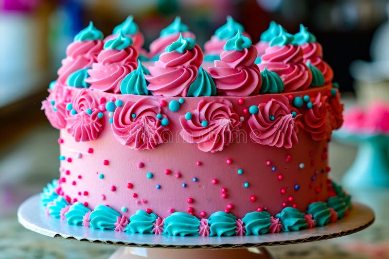 Multi-colored Cake with Pink Blue and White Frosting is on Table ...