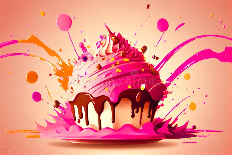 Multi-colored Cake with Pink Splashes of Icing. Generative AI Stock ...