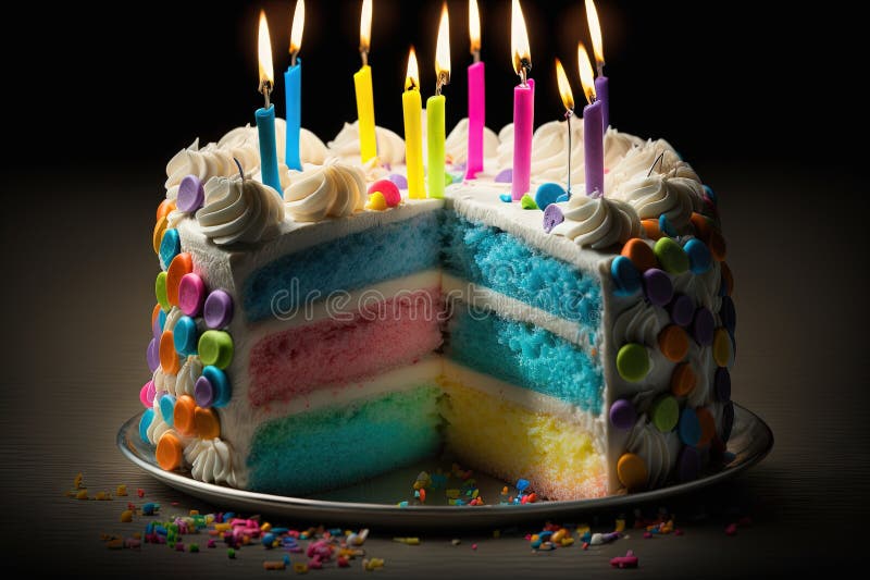 A Multi - Colored Cake with a Slice Cut Out of it with Lit Candles on ...