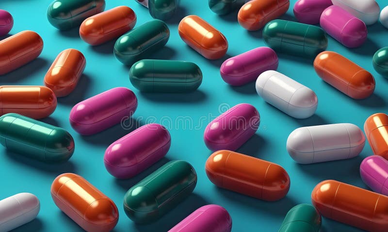 Multi-colored Capsules on a Blue Background. Artificial Intelligence ...