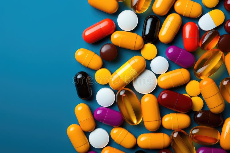 Multi-colored Capsules and Tablets Lie on the Side of a Blue Background ...