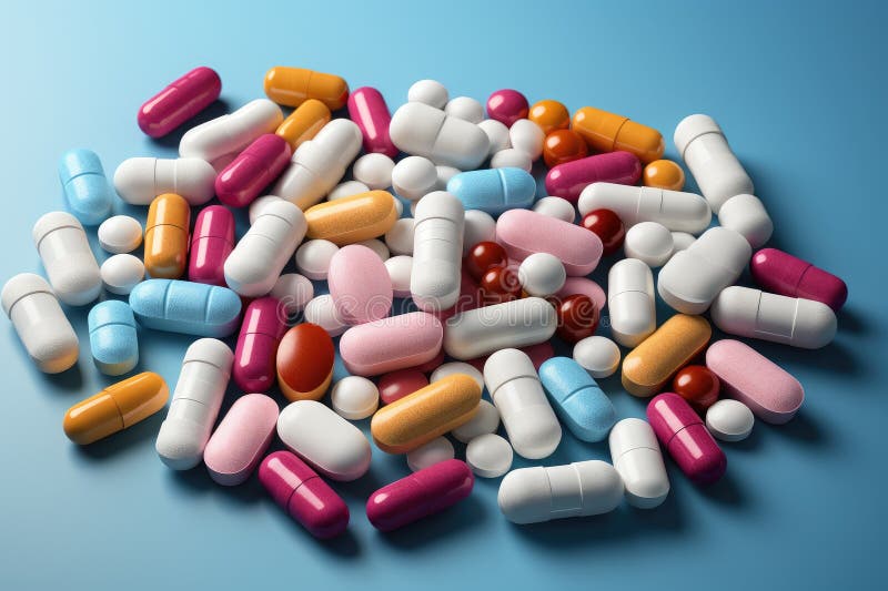 Multi-colored Capsules and Tablets Lie on the Side of a Blue Background ...