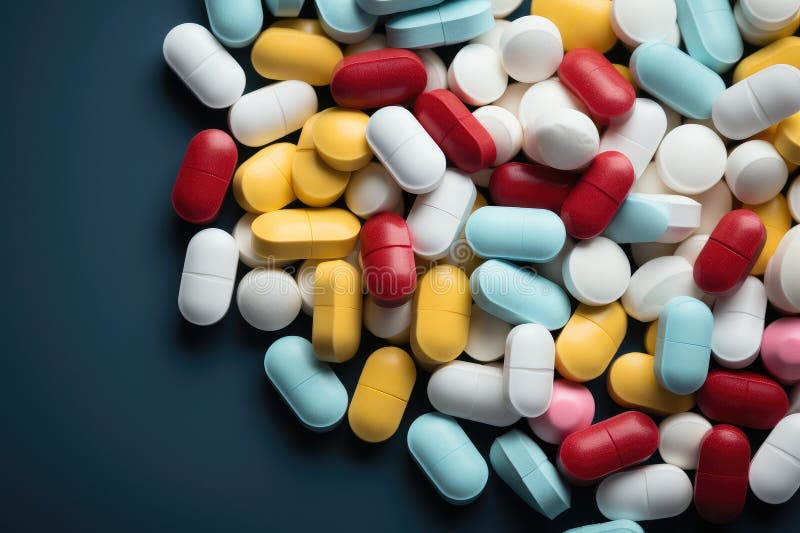 Multi-colored Capsules and Tablets Lie on the Side of a Blue Background ...