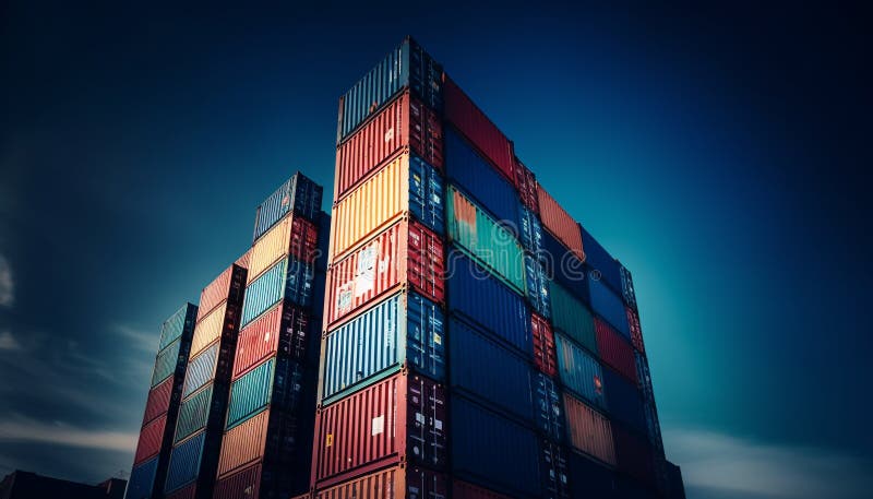 Multi Colored Cargo Containers Stack on Illuminated Commercial Dock at ...