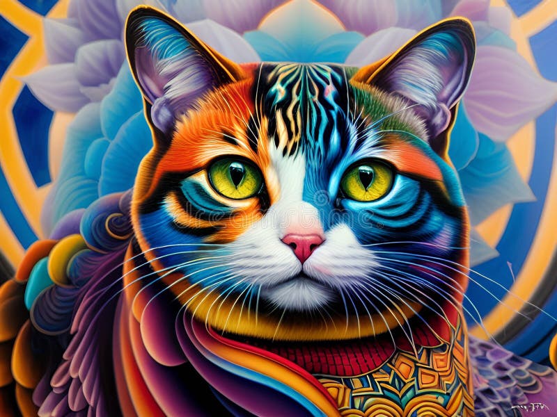 A Multi Colored Cat Face on a Colorful Background Illustration Stock ...