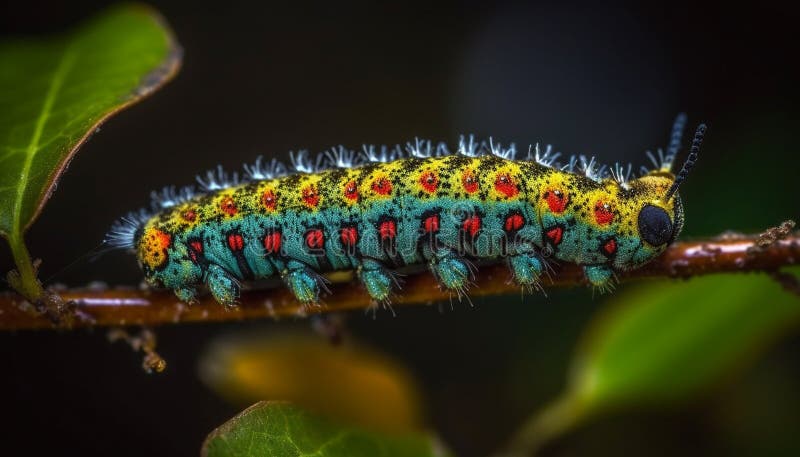 Multi Colored Caterpillar Crawls on Green Plant Leaf Generated by AI ...