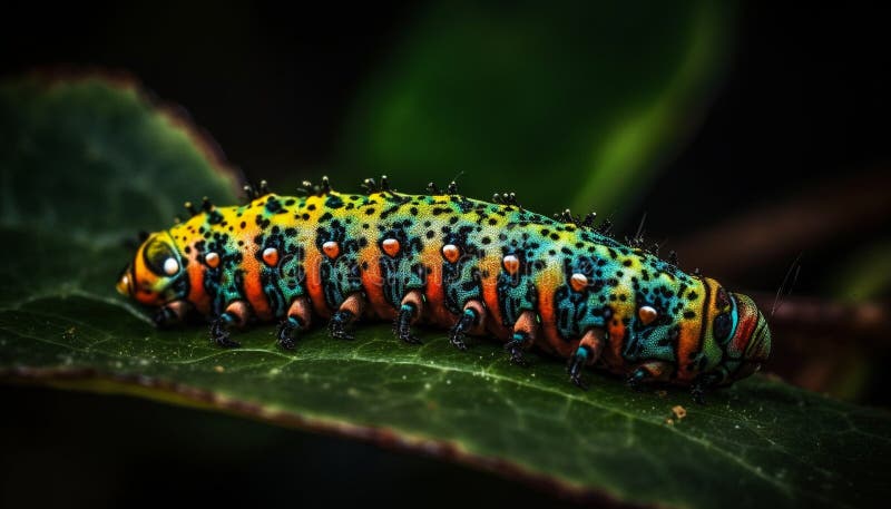 Multi Colored Caterpillar on Green Plant Eating Leaf Generated by AI ...