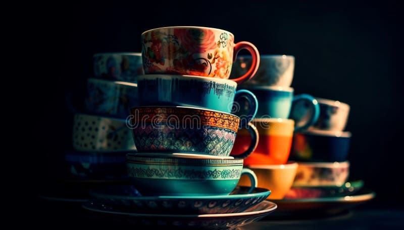 Multi Colored Ceramic Coffee Cups Stacked on Wooden Table Indoors ...
