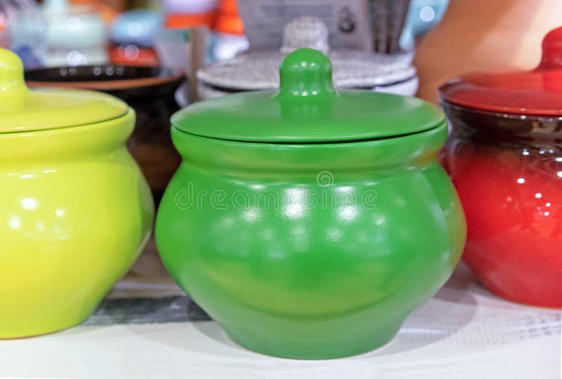 Multi-colored Ceramic Pots with Covers for Cooking Stock Photo - Image ...