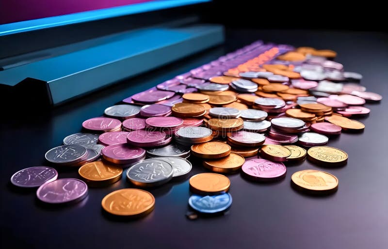 Multi-colored Coins Lie in a Pile Next To the Computer Stock Photo ...