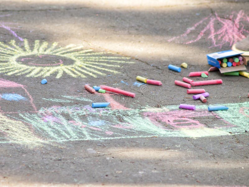 Children Draw on the Pavement with Chalk Stock Photo - Image of ...