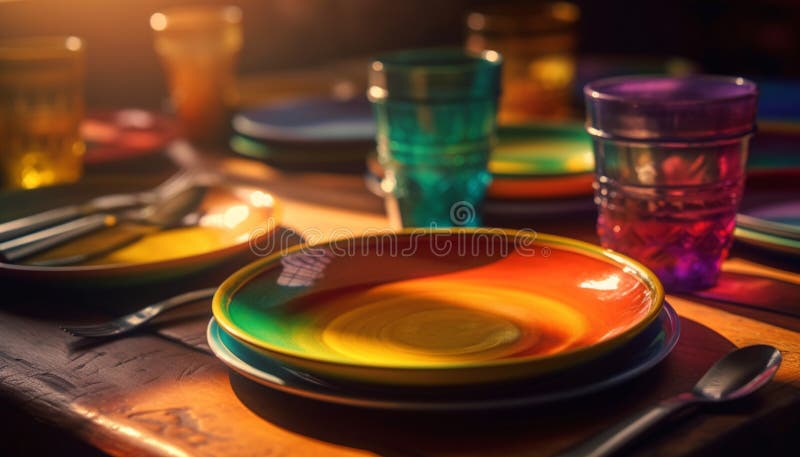 Multi Colored Crockery and Glassware Adorn the Bar in the Pub Generated ...