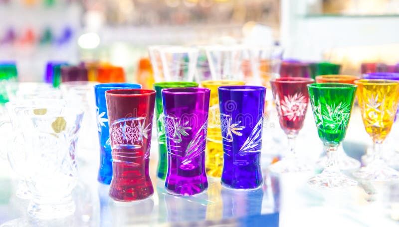 Multi-colored Crystal Glasses and a Decanter Stock Image - Image of ...