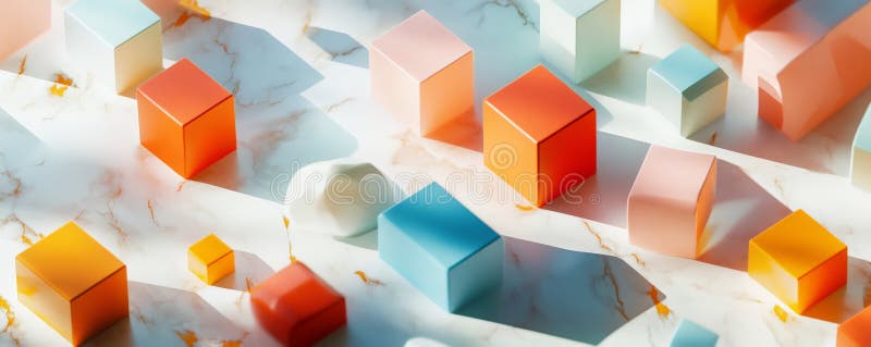 Multi-colored Cubes of Different Sizes Scattered Across a Light Marble ...