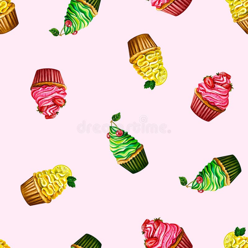 Multi-colored Cupcakes with Cream. Seamless Pattern. Watercolor ...