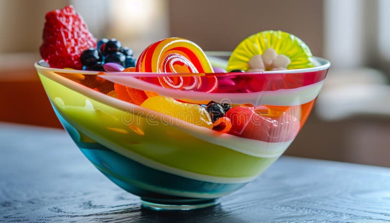 Multi Colored Dessert Bowl with Gourmet Candy Decoration Stock ...