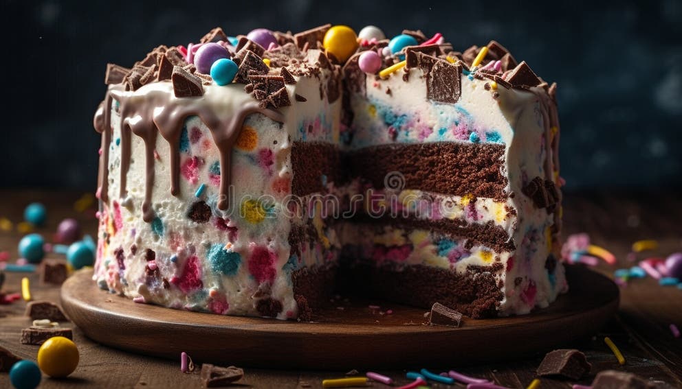 Multi Colored Dessert on Rustic Wood Table with Chocolate and Icing ...