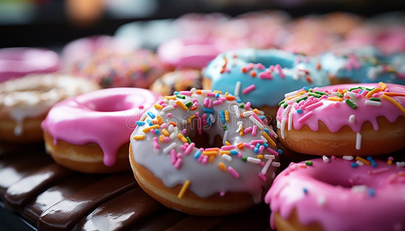 Multi Colored Donut with Chocolate Icing and Strawberry Generated by AI ...