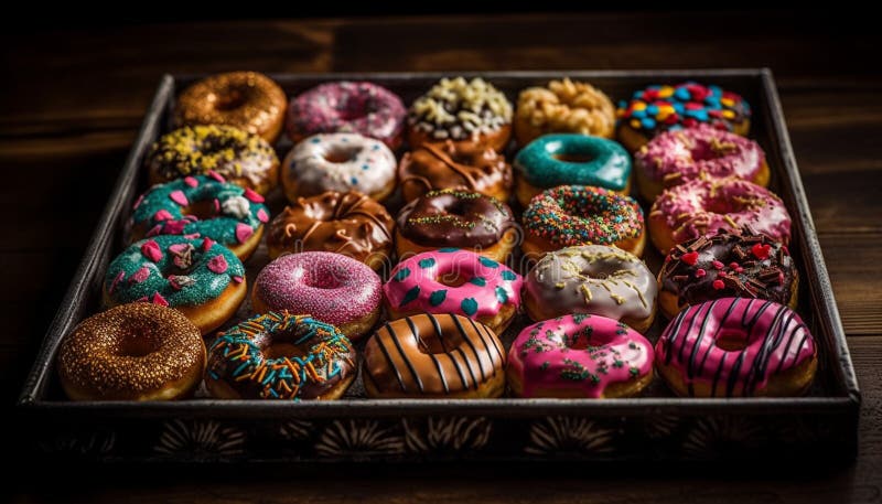 Multi Colored Donut Stack on Rustic Wood Plate, Tempting Indulgence ...