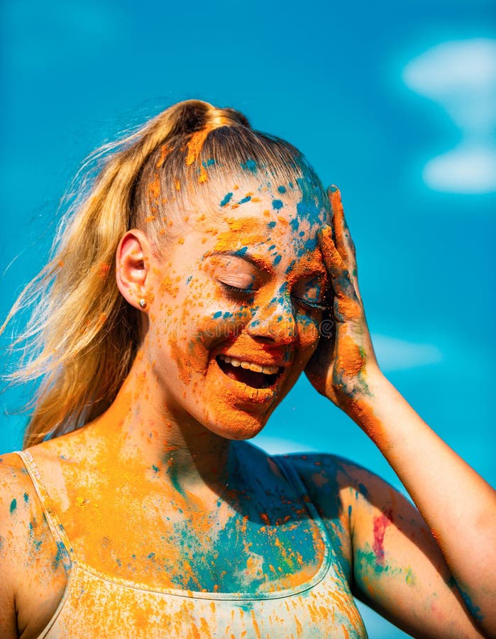 Multi Colored Face Fully Covered with Bright Holi Paint. Stock Image ...
