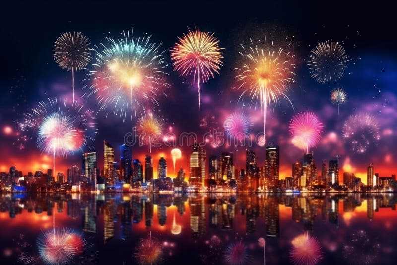 Multi-colored Fireworks Against the Backdrop of the Night City. Stock ...