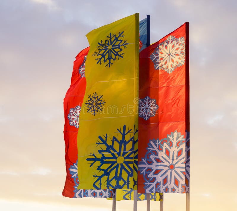 Multi-colored Flags, with Painted Snowflakes Stock Photo - Image of ...