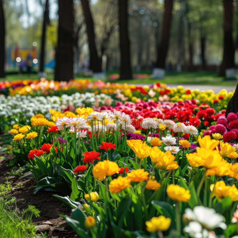 Multi-colored Flower Bed in the Park. Outdoor Summer Gardening Stock ...