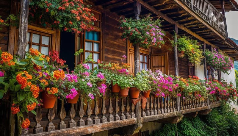 Multi Colored Flower Pot on Rustic Balcony Generated by AI Stock Photo ...